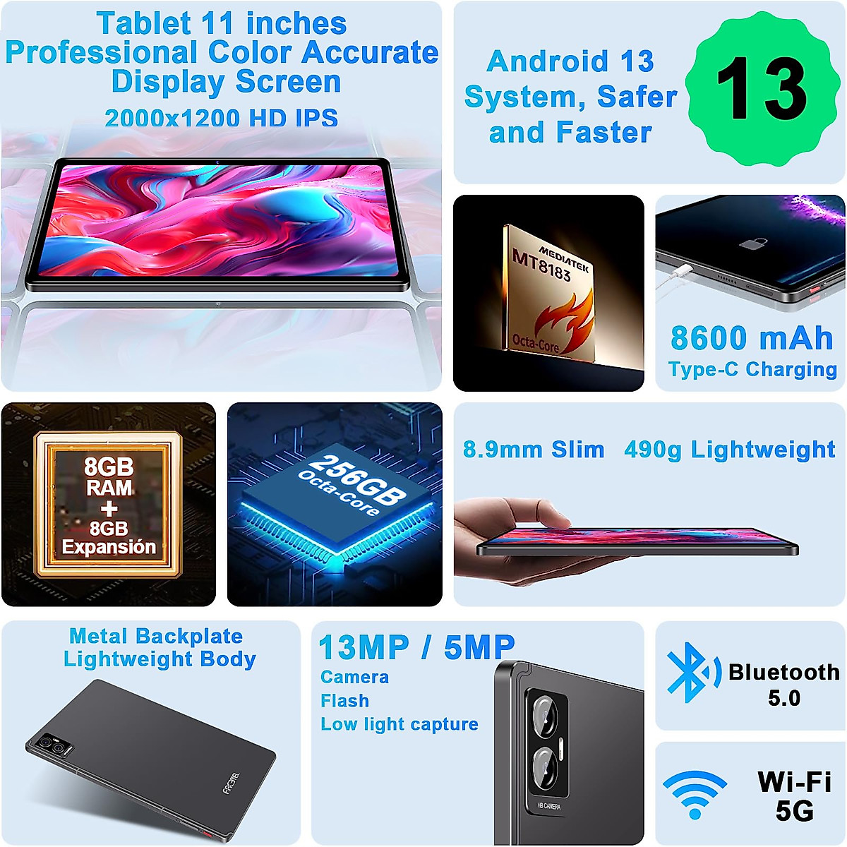 Tablet Android 13 Tablet PC 11 inch tablet Latest with 16GB+256GB+1TB Expand, 8600mAh, Support, Octa-Core 2.0 GHz, 5G WiFi, Dual Camera, Bluetooth 5.0, HD Screen Tablet with Keyboard and Mouse - Grey