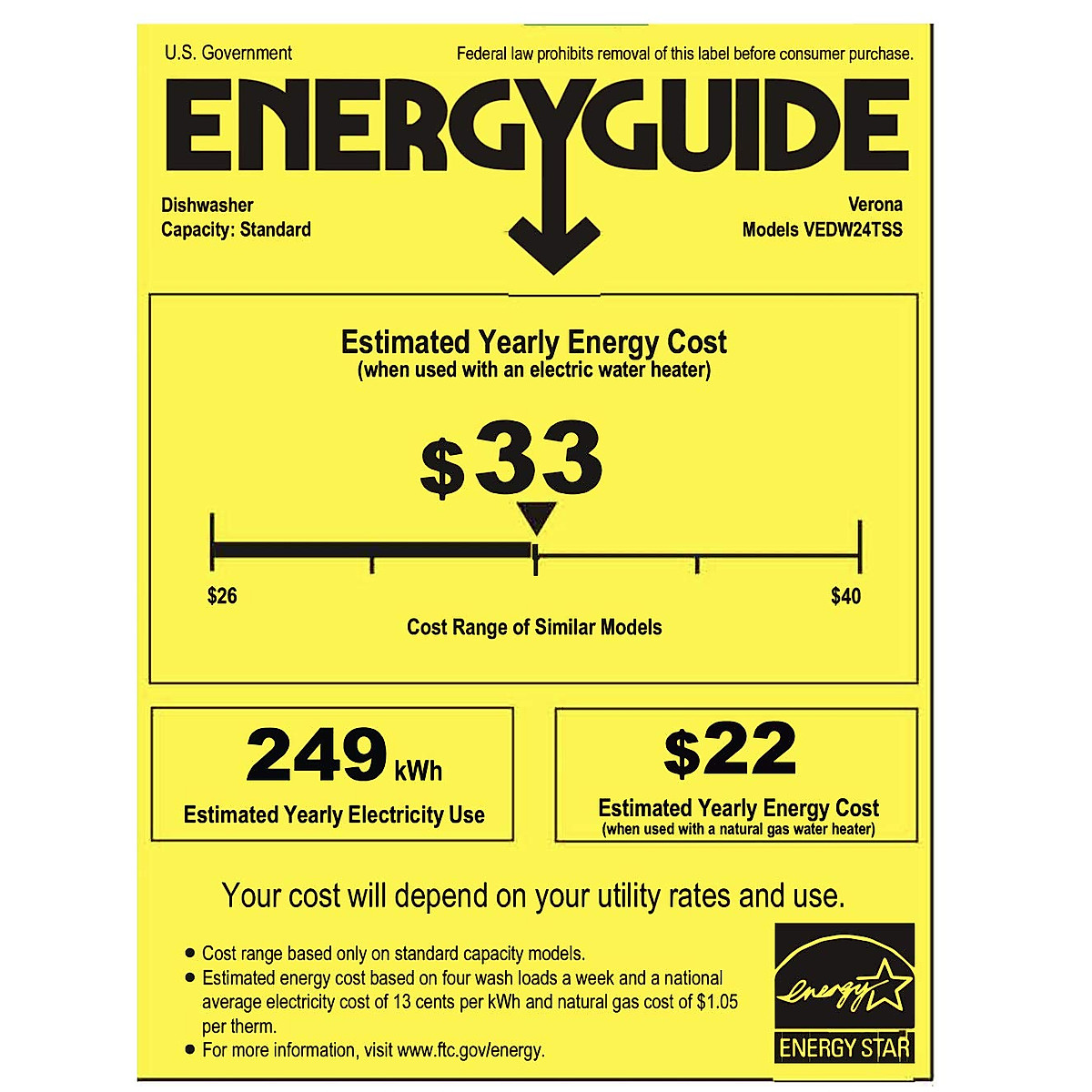 Verona VEDW24TSS 24 Inch Built In Dishwasher Touch Control 6 Wash Cycles 16 Place Settings, Stainless Steel