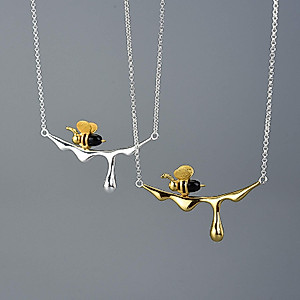 Lotus Fun S925 Sterling Silver Pendant Necklace Bee and Dripping Honey Pendant with Necklaces Chain Length 18.5 inches, Handmade Unique Jewelry Gifts for Women (Gold)