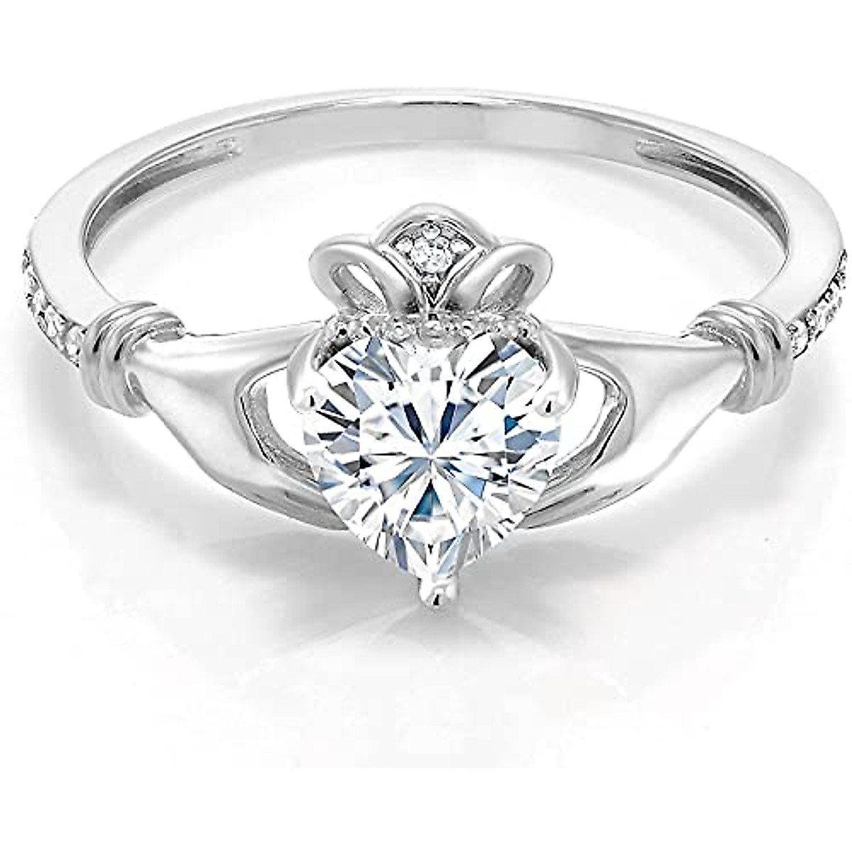 VINSON 14K White Gold Plated Silver Created Solitaire Irish Celtic Claddagh Ring Forever Brilliant Heart Shape 0.80cttw Moissanite (8.5)