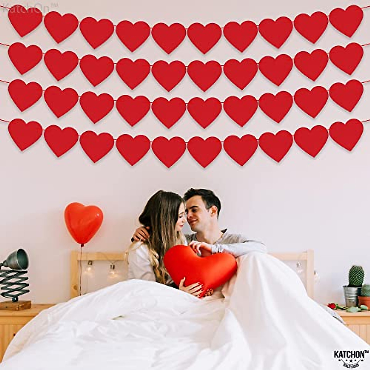 Felt, Red Heart Garland for Valentines Day Decor - Pack of 40, No DIY | Valentine Garland for Valentines Day Decoration | Galentines Day Decorations | Heart Garland, Romantic Decorations Special Night