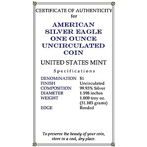 2019 - American Silver Eagle .999 Fine Silver with Our Certificate of Authenticity Dollar Uncirculated US Mint