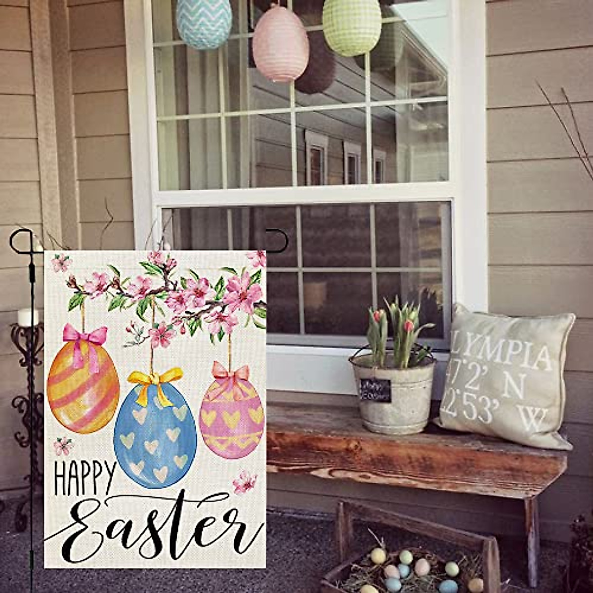 CROWNED BEAUTY Happy Easter Eggs Garden Flag Floral 12x18 Inch Double Sided for Outside Burlap Small Yard Holiday Decoration CF710-12
