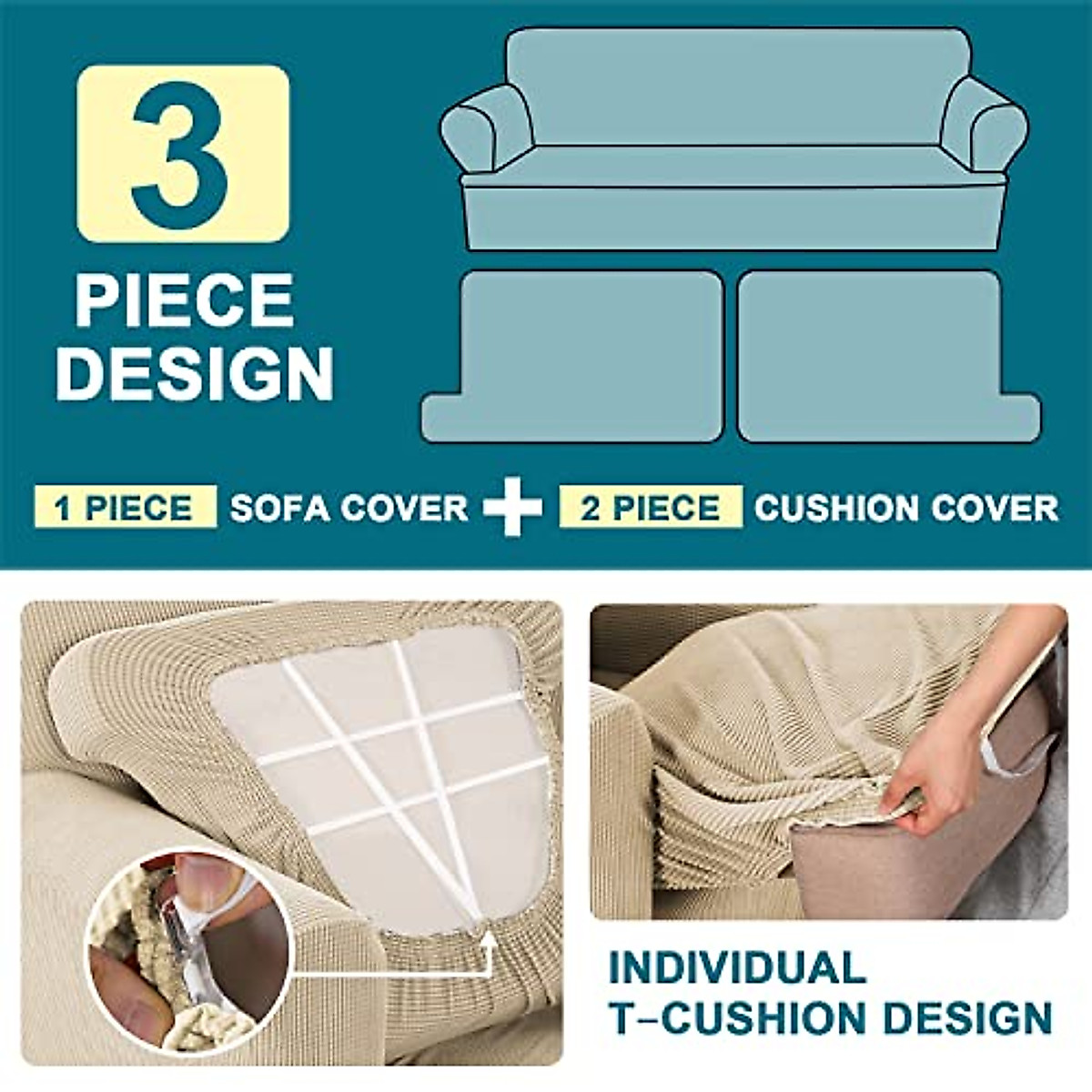 3 Pieces Sofa Covers T Cushion Sofa Slipcovers for 2 Cushion Couch Stretch Couch Cover Soft Sofa Slip Cover Furniture Covers with 2 Individual T Cushion Seat Covers (2 Cushion Sofa, Biscotti Beige)