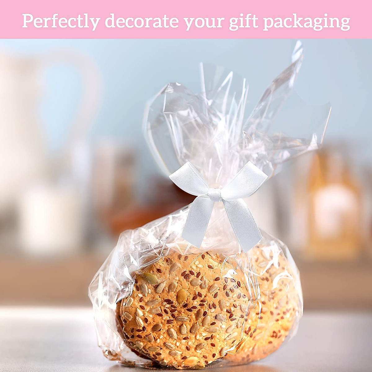 Gejoy 100 Pieces Mini Satin Ribbon Twist Tie Bows DIY Twist Bow Crafts Tying Up for Halloween Christmas Wedding Gift Wrapping Candy Treat Bags Decoration (White)