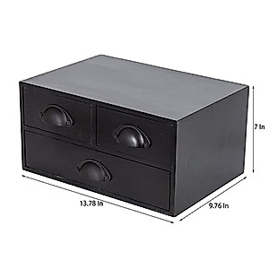 ExoLiry Rustic Black Wood Desk Storage Cabinet 3 Wide Drawers Countertop Bamboo Organizer Jewelry Box Holder Metal Handles Table Top Wooden Keepsake Caddy Home Office Farmhouse Antique Mini Dresser