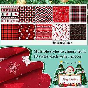 Hicarer 10 Pcs 20"x20" Christmas Cotton Fabric Square Bundles Red Black Reindeer Plaid Snowflake 10 Patterns Patchwork Christmas Fat Quarters for DIY Xmas Art Sewing Home Party Craft