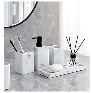 ZHANWANGJIAJU Bathroom Accessory Set Complete Vanity Top Decoration Set Marble Pattern Lotion Dispensing Soap Dispenser, Toothbrush Holder, Soap Pump, Tray (White)
