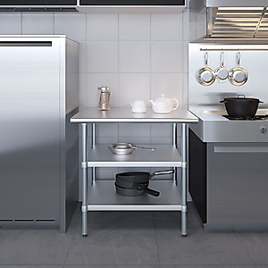 36" Long X 30" Deep Stainless Steel Work Table with 2 Shelves | Metal Food Prep Station | Commercial & Residential NSF Utility Table