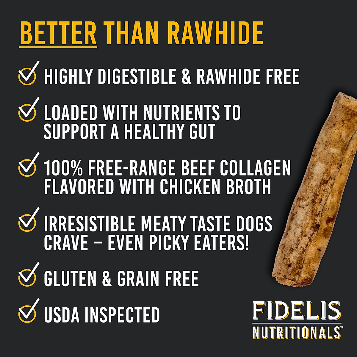 FIDELIS Rawhide-Free Treat Sticks, Long Lasting, Collagen Dog Chews, Treats, Small & Large Dogs, Beef Collagen, Gluten-Free, Grain-Free, Dog Chew, Bones-Alternative, Made in USA, 4pk, Chicken, 7"
