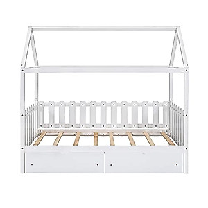TARTOP Daybed with Drawers, Wood House Bed Tent Bed Twin Size with Drawers and Fence-Shaped Guardrail, for Toddlers/Teens/Girls/Boys, Kids House Bed Frame,White