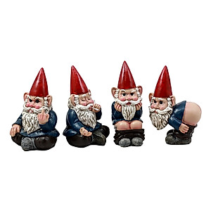 Ebros 4" Tall Badass Naughty Magical Gnome Mooning Figurines Collectible Set of 4 Whimsical Dwarf Gnomes Dwarves Fairy Garden Accessory Decors