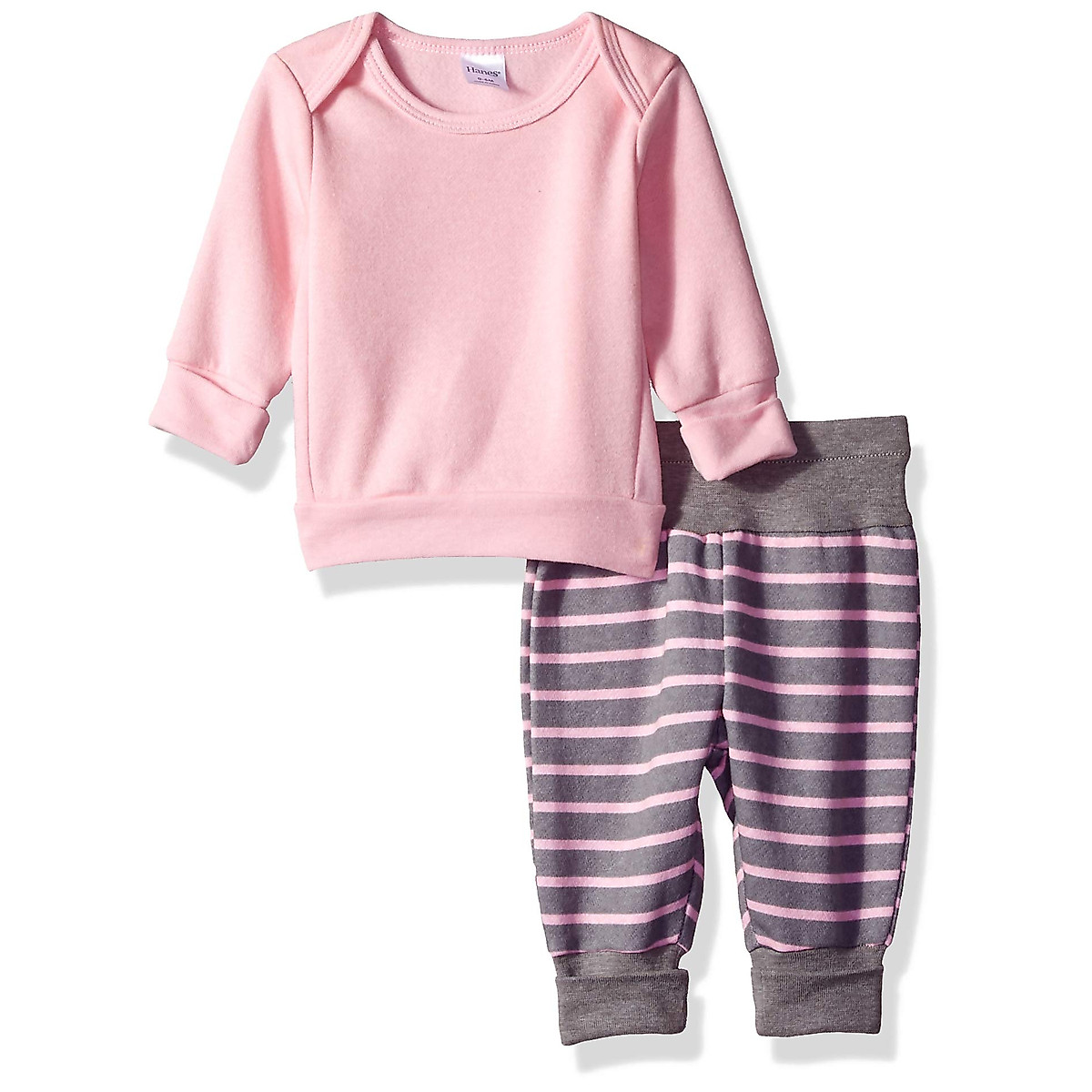 Hanes baby-girls Ultimate Flexy Adjustable Fit Jogger With Sweatshirt Layette Set, Light Pink Stripe, 12-18 Months US