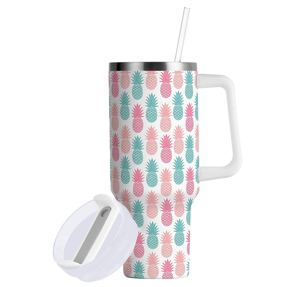 IHCVHQX Tumbler With Handle and Straw 40oz Pink Blue Pineapple Print Insulated Tumbler Cups Stainless Steel Travel Coffee Mug