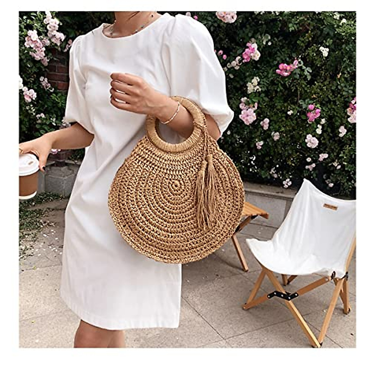 Women Straw Totes Beach Shoulder Bags Woven Handbags Purse Large Straw Basket Wicker Rattan Purse for Summer Vacation (F)