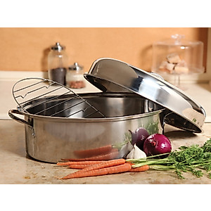 Gibson Home Stainless Steel Top Roast 16-Inch Oval Roaster Pan with Lid and Rack