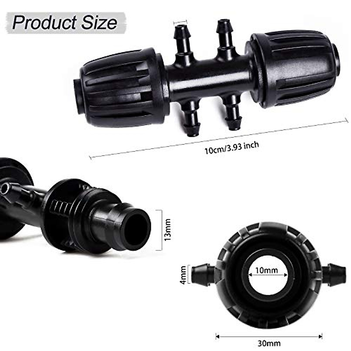 Kalolary 10PCS Barbed Tee 1/2 inch to 1/4 inch Irrigation Tube Anti-Drop Premiun Quality Fitting (fits 13mm ID/ 4mm ID), 16mm PE Pipe Lock Female Connector to 47 Pipe Variable Diameter Six-Way Adapter