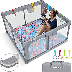 Stlloys Baby Playpen, Baby Play Yard, Large Playpen for Babies and Toddlers, Baby Gates Playpen, Indoor & Outdoor Baby Activity Center with 2 Doors and 4 Handles