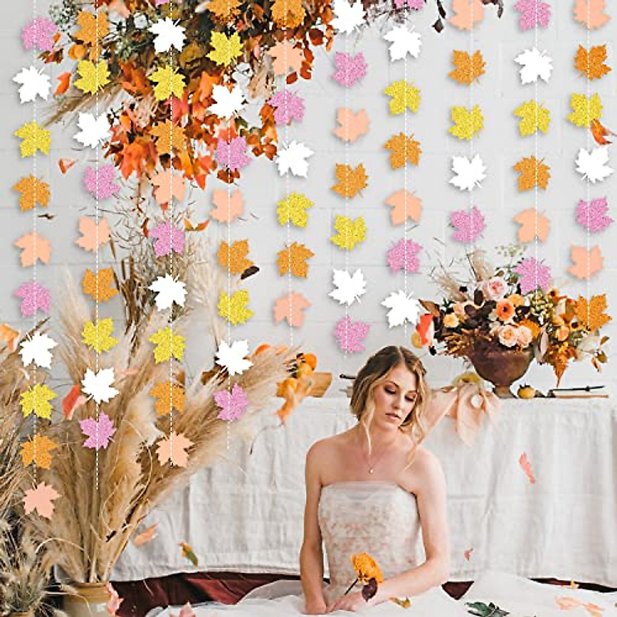 Fall Maple Leaf Hanging Garland, Glitter Orange Pink Autumn Maple Leaves Hanging Garland for Fall Girls Birthday Baby Shower Wedding Fall Party Supplies Thanksgiving Party Decoration