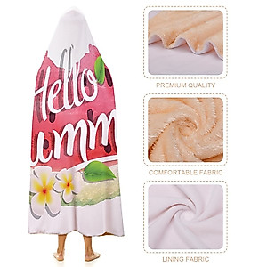 Hooded Blanket Poncho, Watercolor Decor Women Men Hooded Blanket, Hello Summer Motivational Quote with Fresh Watermelon, Soft Warm Cozy, 50 x 60inches, Studying Reading Snuggling Napping Office