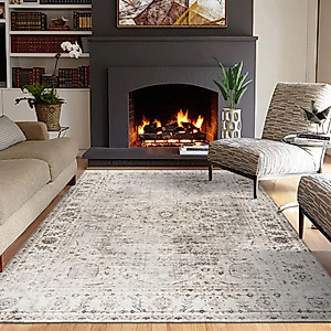 ReaLife Machine Washable Area Rug - Living Room Bedroom Bathroom Kitchen Entryway Office - Non Slip Low Pile Stain Resistant Premium - Boho Farmhouse Vintage - Joy - Beige Ivory 5' x 7'