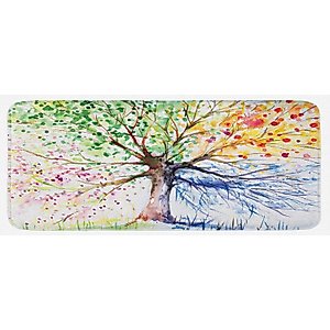 Ambesonne Tree Kitchen Mat, Watercolor Nature Colorful Blooming Branches 4 Seasons Themed Illustration Print, Plush Decorative Kitchen Mat with Non Slip Backing, 47" X 19", White Green
