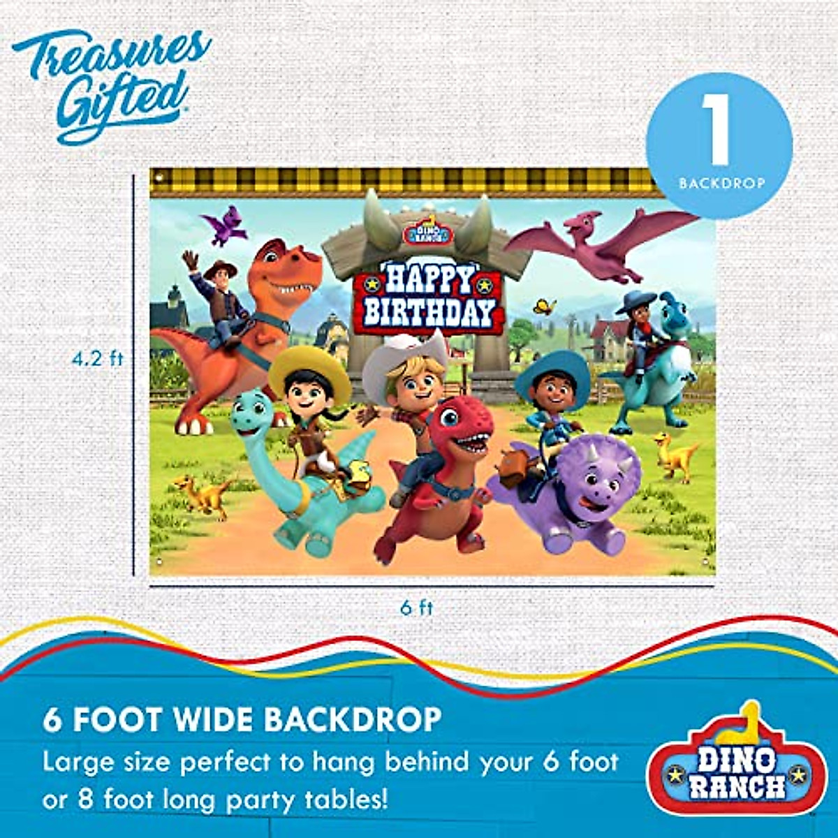 Treasures Gifted Dino Ranch Birthday Party Supplies - Dino Ranch Backdrop - 4.25ft Tall x 6ft Wide Happy Birthday Backdrop - Large Dino Ranch Birthday Banner - Dino Ranch Party Decorations for Wall