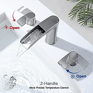 Brushed Nickel Waterfall Bathroom Faucets - 2 Handles Bathroom Sink Faucet for 3 Holes Sink, Brushed Nickel Widespread Bathroom Faucet with Pop Up Sink Drain Stopper