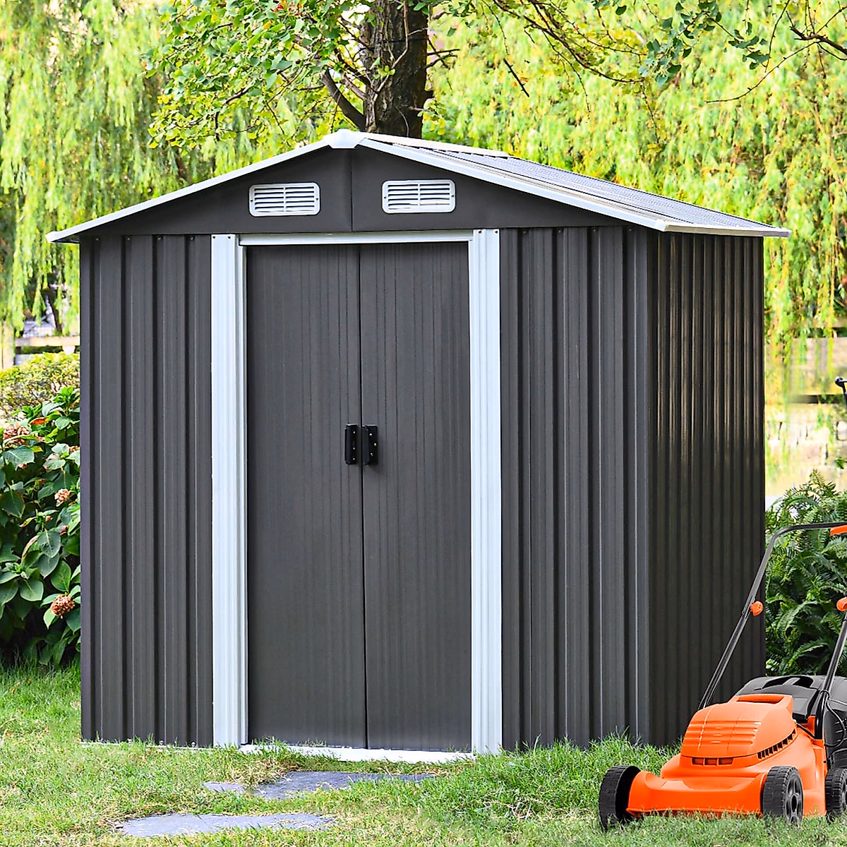6' x 4' Outdoor Storage Shed, Outdoor Metal Storage Sheds with Sliding Door for Bike, Garden Shed Small Tool Outside Storage Cabinet for Backyard, Patio, Lawn, Spire