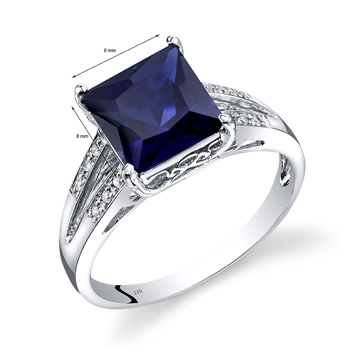 PEORA Created Blue Sapphire and Genuine Diamond Ring for Women 14K White Gold, Elegant Cathedral Design, 3.25 Carats Princess Cut 8mm, Size 7
