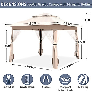 yoyomax 13X13 Outdoor Pop Up Gazebo with Netting, Portable Gazebo Waterproof Patio Canopy Shelter with Double Roof Tops and 169 Square Feet of Shade for Beach Parties, Camping and Picnics - Khaki