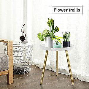 Round Side Table, Wooden Tray Table with Metal Tripod Stand, 3 Gold Legged White Table, Accent Table for Living Room Bedroom Office Small Spaces, 18" H x 15" D