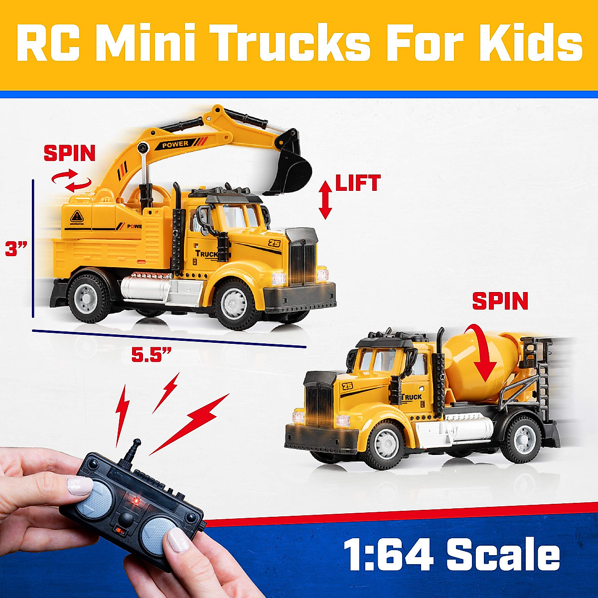 Force1 Mini Construction RC Trucks for Kids - 2 Pack Remote Control Toy Trucks Set with Mini Scoop RC Truck, Mini Cement Mixer Toy Truck 2.4GHz Remote Controls Bright LEDs and RC Toy Batteries Yellow