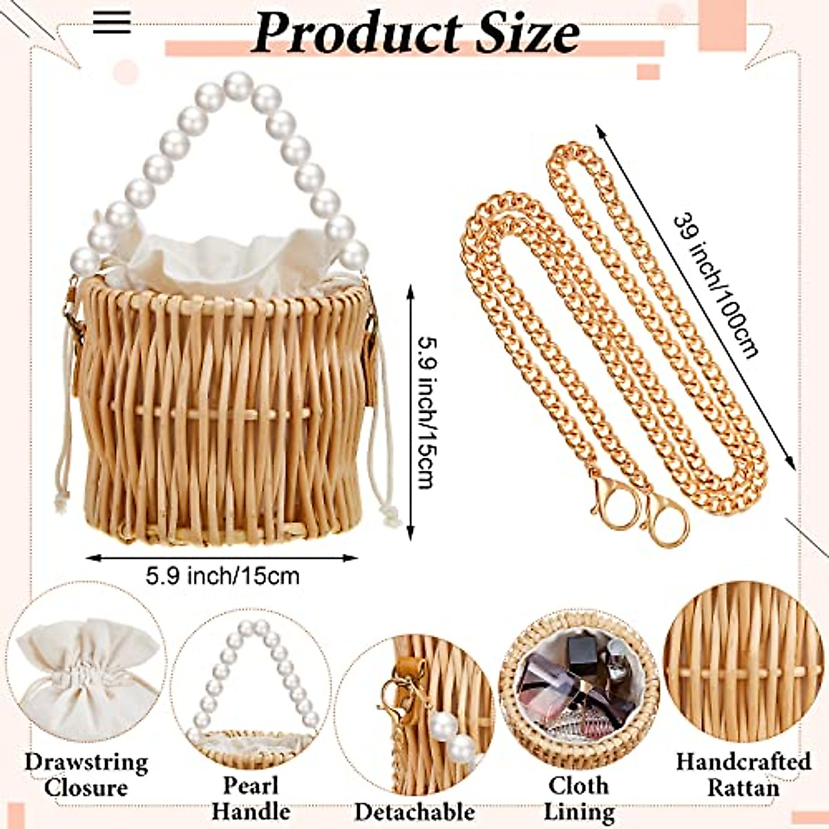 9 Pcs Women&#039;s Pearl Straw Bags Rattan Earrings Summer Beach Handbags Woven Wicker Bucket Tote Bag Straw Wicker Braid Hoop Drop Dangle Bohemian Earrings