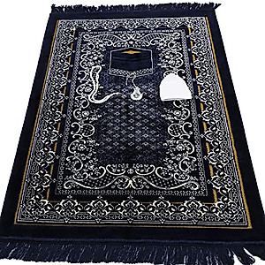 Modefa Free Prayer Cap, Beads & Car Hanger, Islamic Prayer Rug Janamaz - Plush Velvet Wide (Navy Blue)