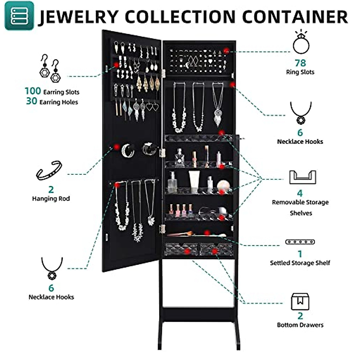 YITAHOME 2 in 1 Jewelry Cabinet with Full Length Mirror, Standing Large Capacity Jewelry Armoire Organizer with 2 Drawers, 3 Angle Adjustable,Black