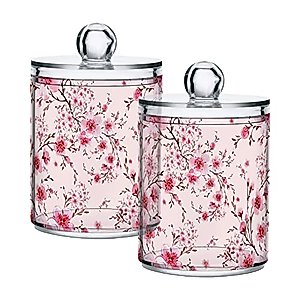 MNSRUU 2 Pack Qtip Holder Organizer Dispenser Pink Cherry Tree Bathroom Storage Canister Cotton Ball Holder Bathroom Containers for Cotton Swabs/Pads/Floss