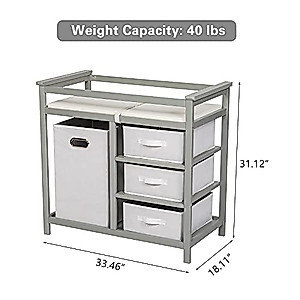 Baby Diaper Changing Station Nursery Table - Infant Diaper Table w/ 3 Storage Cloth Drawers & 1 Laundry Basket and Safety Belts (Gray)