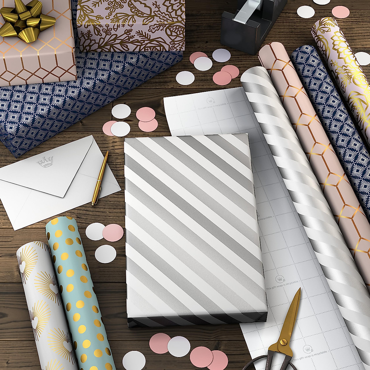 Hallmark Wrapping Paper with Cutlines on Reverse (6 Rolls: 180 Sq. Ft. Total) White and Silver Stripes, Mint Green, Gold Hearts and Flowers for Weddings, Bridal Showers, Birthdays