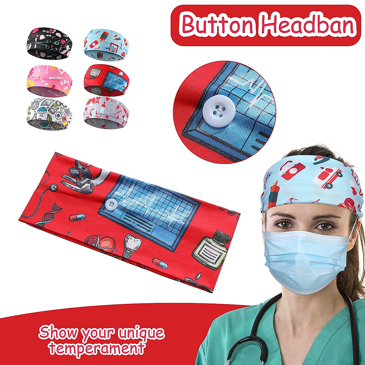 6 Pieces Button Headbands Non Slip Nurse Headbands Stretchy Headwraps Nonslip Yoga Sweatbands with Ear Protection Holder Elastic Headscarves for Yoga, Running, and Exercise, 6 Styles (Cute Pattern)