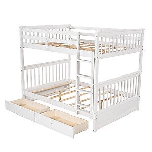 Harper & Bright Designs Full Over Full Bunk Bed with Drawers, Full Size Bunk Bed, Solid Wood Bunk Bed Frame with Ladders & 2 Storage Drawers, Bedroom Furniture (White, Full/Full with Drawers)