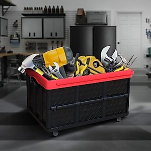 Astarama Foldable Storage Bins withLid, Stackable Storage Box with Removable Pulleys and Trolley, RetractableFoldable Storage Box (Black)