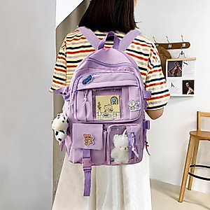 Stylifeo Kawaii Backpack with Cute Bear Plush Kawaii Pin Accessories Large Capacity Aesthetic School Bags Cute Bookbag for Girls Teen(Purple)
