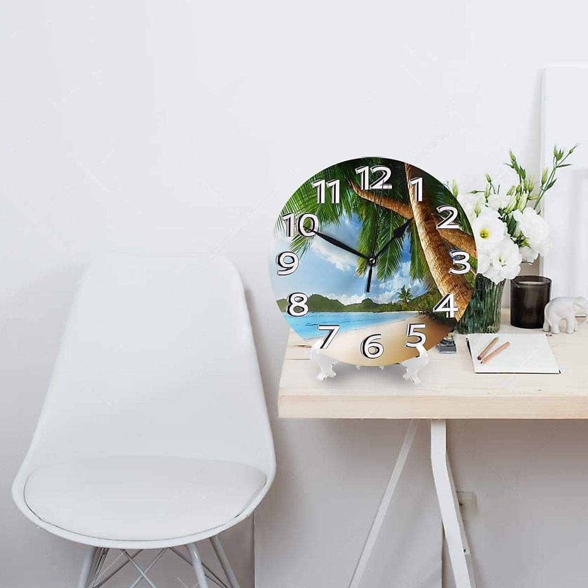 Abucaky Sea Beach Palm Trees Wall Clock Battery Operated Silent Non Ticking Round Clock Tropical Theme Wall Decor for Home, Office, School 9.8 Inch