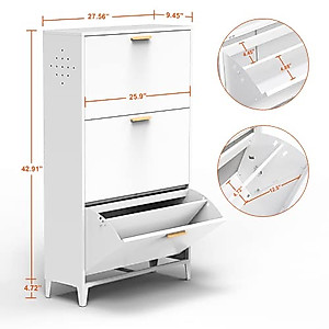 Wekity 3 Drawer All Steel Shoe Cabinet, Freestanding Shoe Rack Storage Organizer with Flip Door, Modern Tipping Bucket Shoe Cabinet for Entryway, Hallway, Bedroom (White)