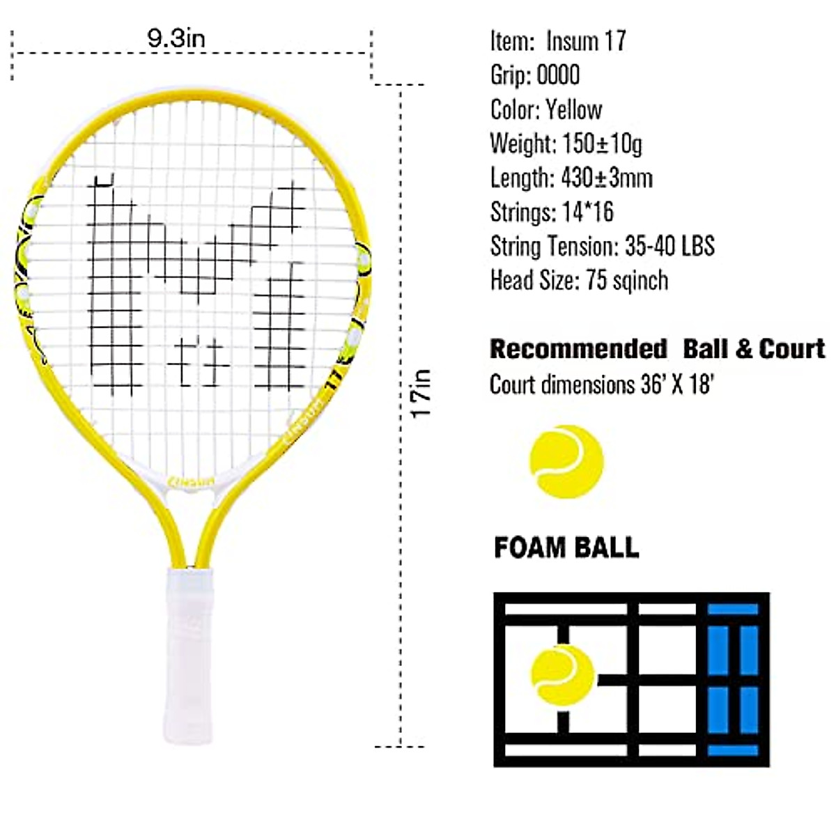 insum 17'' Kids Toddler Tennis Racket for Junior Little Kids Tennis Racquet for 2-4 Years (17inch-Yellow)