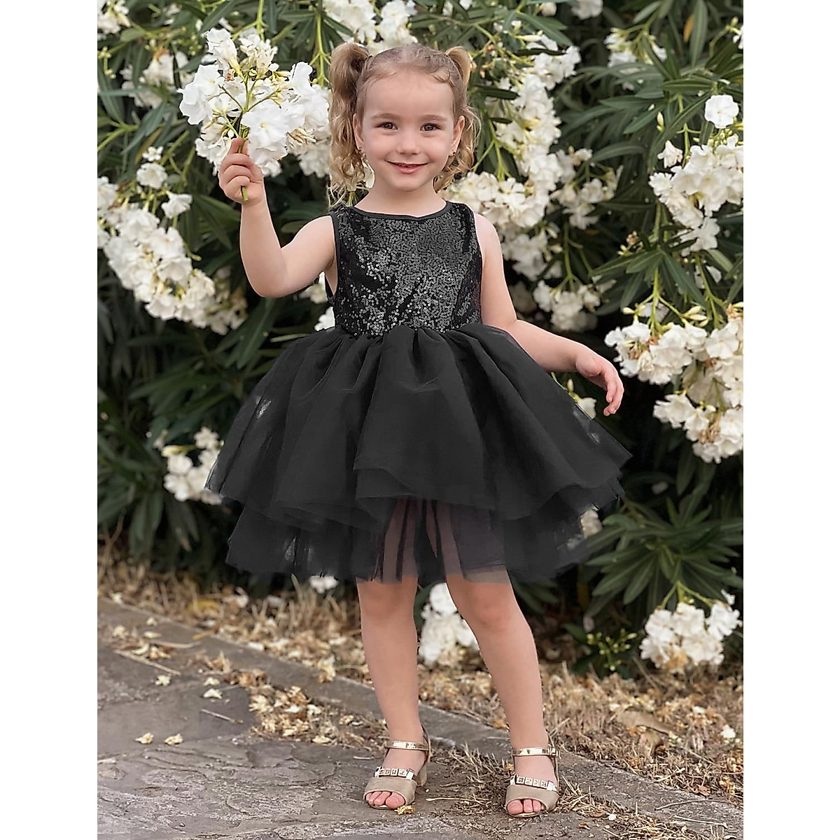 AGQT Toddler Girls Dresses Flower Girl Dress Sequins Tutu Dress Kids Sleeveless Tulle Princess Birthday Dresses Formal Party Gowns Dress Black Size 2-3 Years(110)