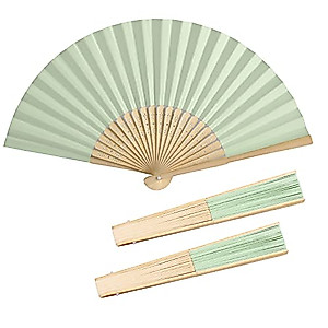 SL crafts Paper Hand Fan Folding Vintage Fans Bamboo Folded Fan Outdoor Wedding Party Gift Baby Shower Favors (Light Green, 50)