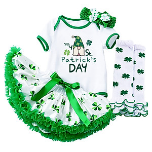 AGQT Baby Girls 1st St.Patricks Day Outft Set Short Sleeve 4Pcs Green Shamrock Outfit Set Headband+Skirt+Outfit+Leg Warmer Size 6-12 Months(73)