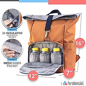 Ferskenciel Diaper Bag Backpack – Minimalist Multi Function Large Durable Stylish Travel Maternity Baby Girl Boy Nappy Bag with Stroller Straps, Insulated Bottle Pockets, Parents Pocket, Brown Grey